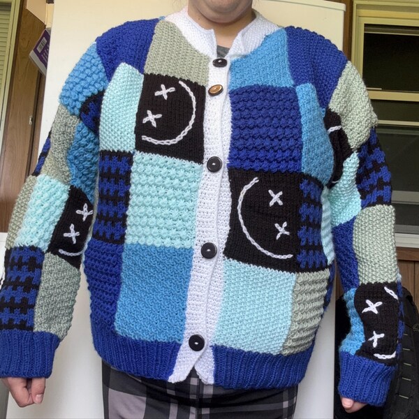 Patchwork Oversized Cardigan Hand Knitted Blue&gray Cardigan - Etsy