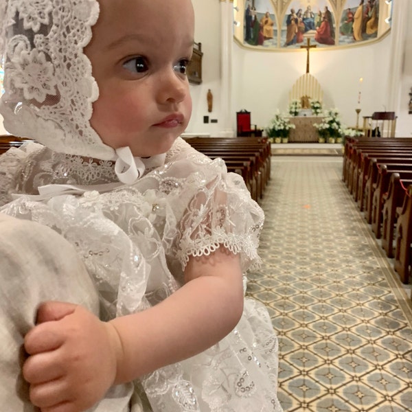 White Christening Bonnet, Baptism Hat, Baby Girl Bonnet, Cotton ...