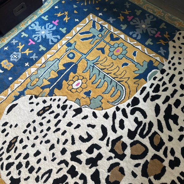 Leopard Pattern Rug Red & Blue Stunning Carpet Animal Print Rug for ...