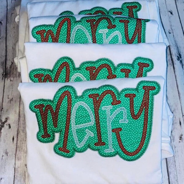 Merry Handlettered Applique Design - Christmas Zig Zag Applique and Sketch Embroidery Double ...