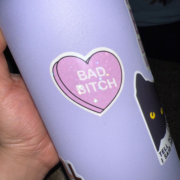 Bad Bitch Lavender Weatherproof Holographic Heart Sticker, Cute Heart ...