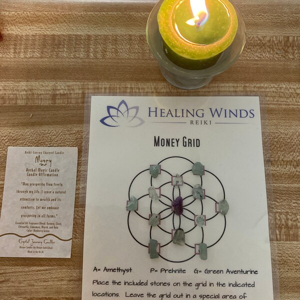 Attract Wealth - Reiki Charged Money Crystal Grid Kit With Candle ...