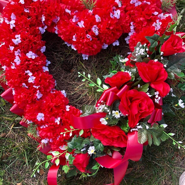 Red Open Heart Cemetery Wreath, Red Roses, Wreath, Sympathy Wreath ...