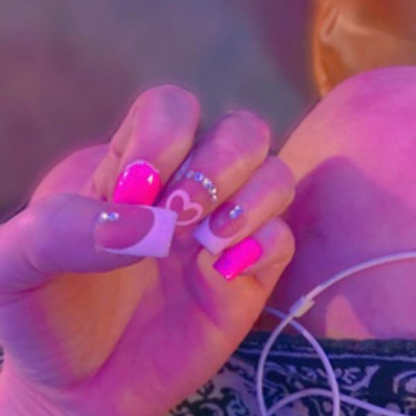 Pink French Tip With Heart Extra Long Coffin Press on Nails, Luxury Fake Nails, False Nails ...