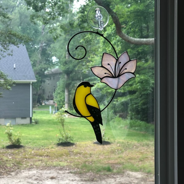 Suncatcher Stained Glass Goldfinch Window Hanging Stained Glass Flower ...
