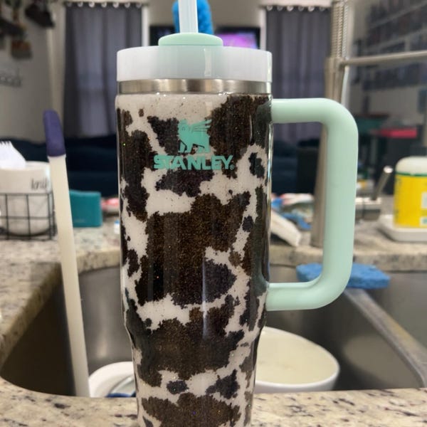Custom Cow Hide - Authentic Stanley Tumbler - Epoxy Glitter Brown Cow ...
