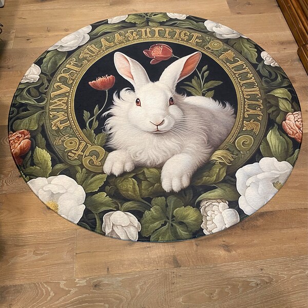 William Morris Rabbit Round Rug, White Rabbit Morris Rug, Morris Tulips ...