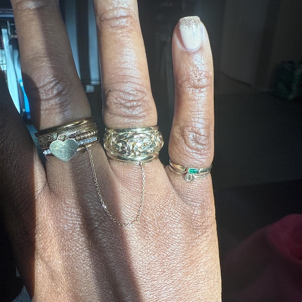 14k 18k Solid Gold Chain Linked Double Ring, Double Finger Thin Ring ...