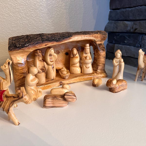 Olive Wood Nativity Set Olive Wood Nativity Set in a Cave Hand Carved ...