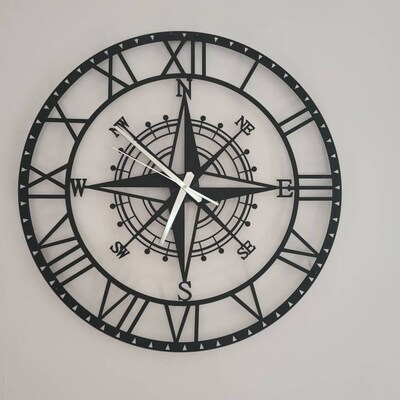 Unique Latin Numeral Compass Metal Wall Clock, Extra Large Modern ...