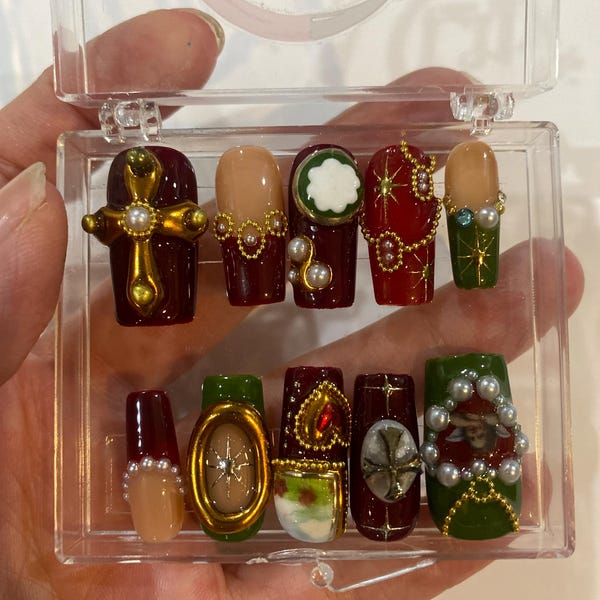 Red & Gold Renaissance Long Stiletto Press on Nails, Unique Design ...