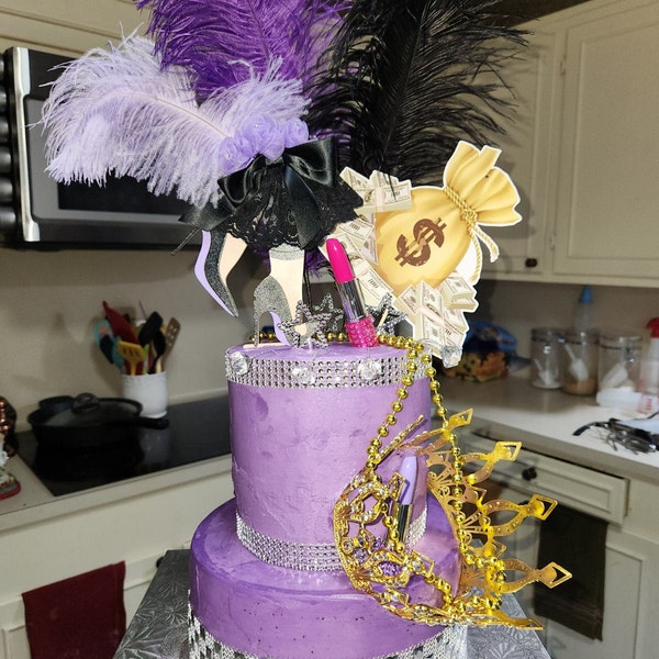 Glamour Gal Wood Cake Topper With Leggings, Lace, Feathered Plume ...