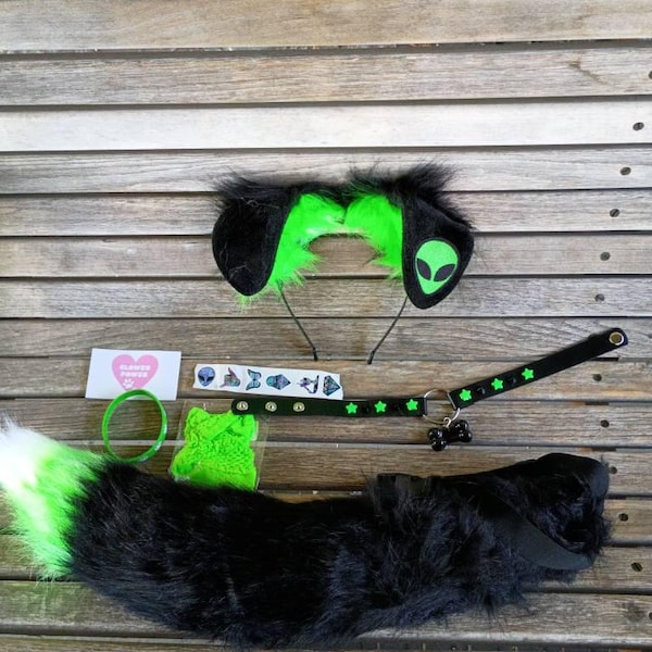 Black / White Cosplay Kitten Cat Headband Ears Tail Choker Collar Paw ...