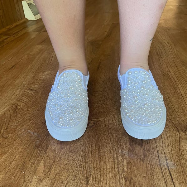 Pearl Embellished Vans - Custom Wedding Slip on Vans - Custom Wedding ...