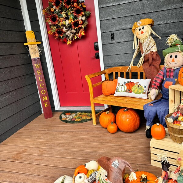 Fall Scarecrow Porch Sign Fall Welcome Sign Painted Wood Scarecrow ...