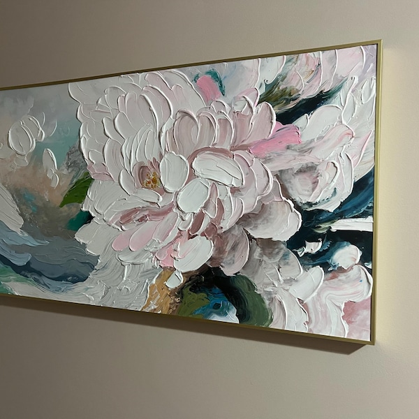 A Set of 2 Original Gold Flower Painting on Canvas Custom Framed Creamy Textured Wall Art ...