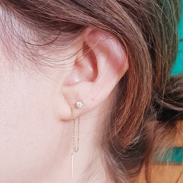 Double Piercing Earring Silver/gold Threader Earrings & Birthstone ...