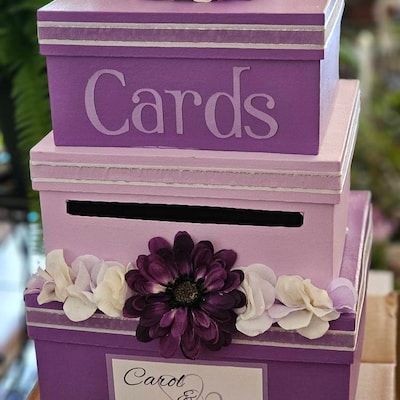 Custom Wedding Card Box, 2 Tier, Card Holder, Square, Purple, Lilies ...