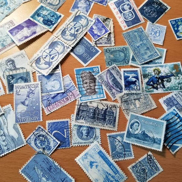 Shades of Blue Vintage Postage Stamps, Lot of 50 Used off Paper ...