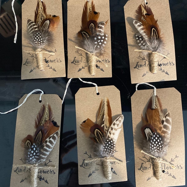Set of 3 Mixed Pheasant Feather Rustic Boutonniere Groomsmen ...