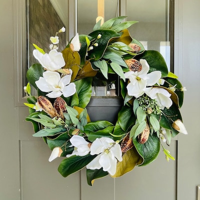 Magnolia Wreath for Front Door With Realistic White Magnolia Blooms ...