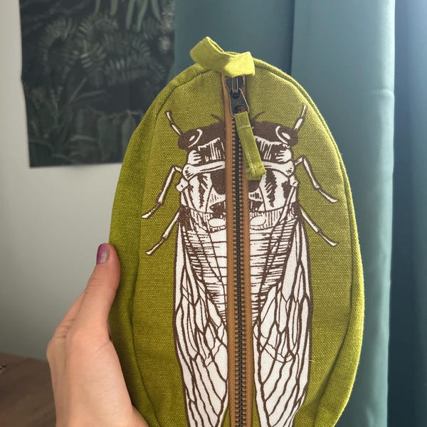Cicada Zipper Pouch: Hand Screenprinted Cotton Canvas Pencil Bug Insect ...