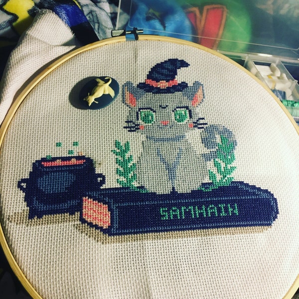 Violet Cat Halloween Cross Stitch Pattern, Pastel Goth Embroidery, Cute ...