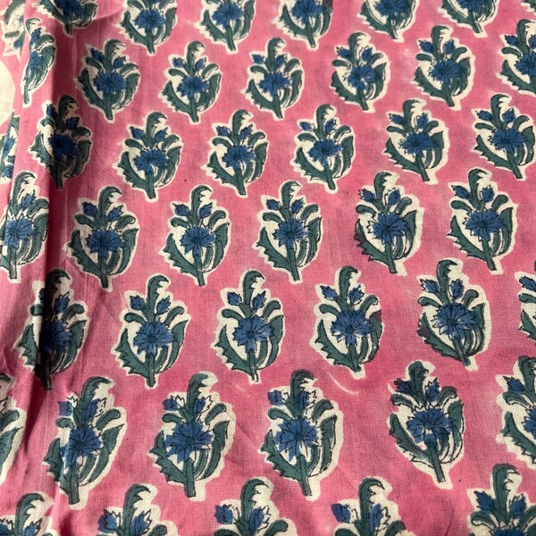 Pink and Blue Indian Block Print Fabric - 100% Cotton Cambric - Hand ...