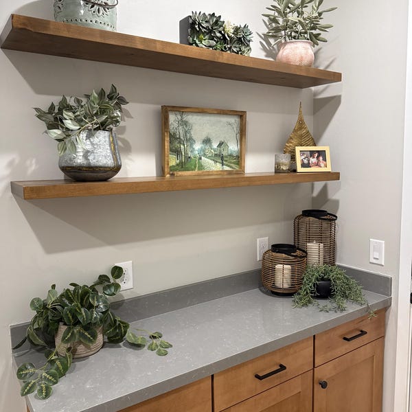 Minimalist Maple Floating Shelves With LED Lights - Custom Kitchen Bar ...