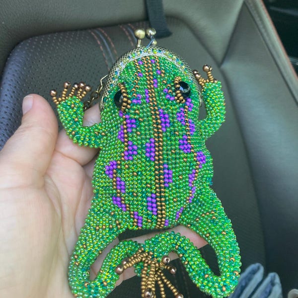 Knitted Beaded Keychain Braided Green Brown Natural Beaded Frog Cute ...