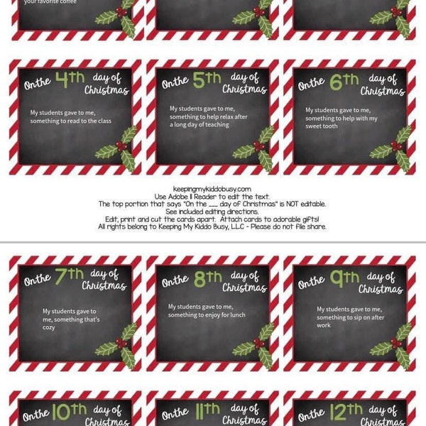 12 Days of Christmas EDITABLE Cards - 12 Days of Christmas Gift Tags ...