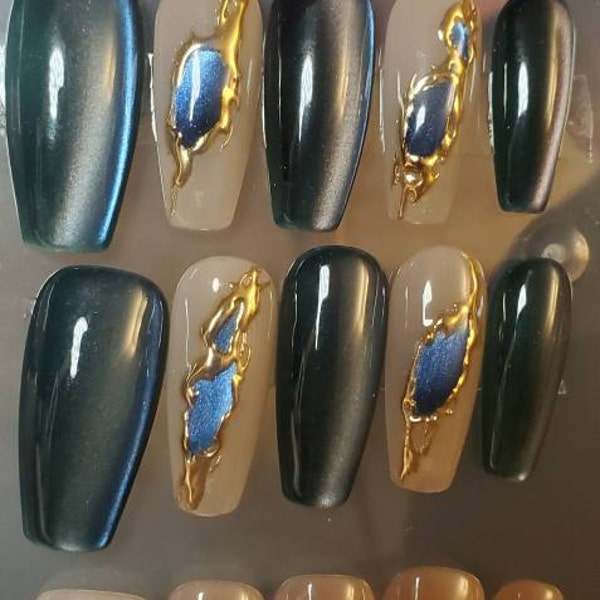 Galaxy Blue Cat Golden Lines Gem Press on Nails |shiny Handmade Custom ...