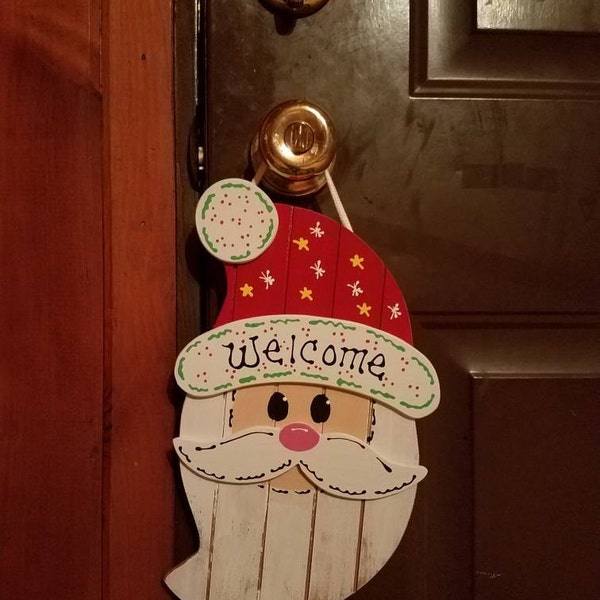 DISTRESSED Welcome SANTA SIGN Grooved Wood Hanging Hanger Christmas ...