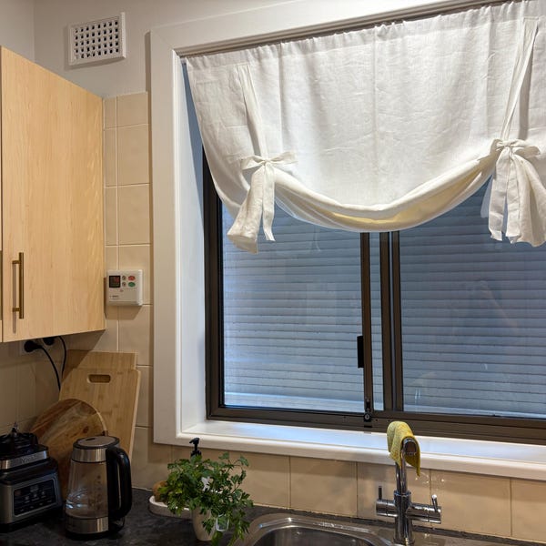 Linen Window Valance With Bows, Farmhouse Balloon Shade, Faux Tie ...