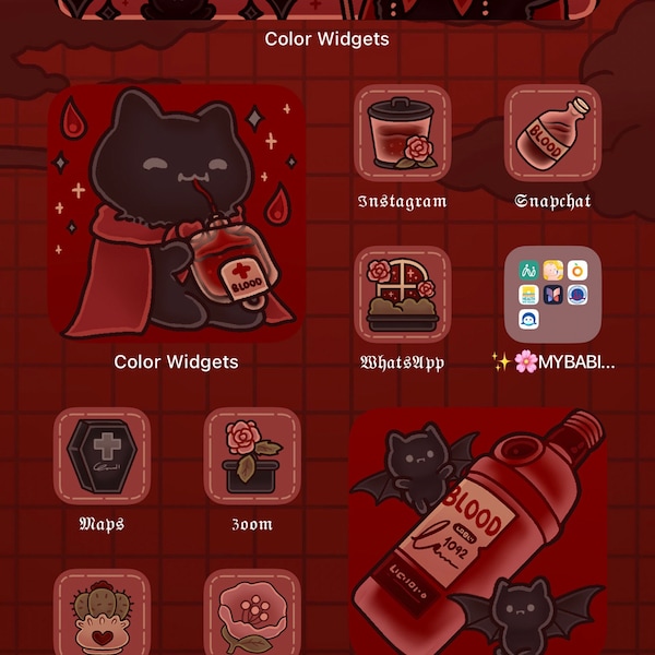 Bat Vampire App Icon Set: Kawaii Phone Theme and Widgets(ios/android ...