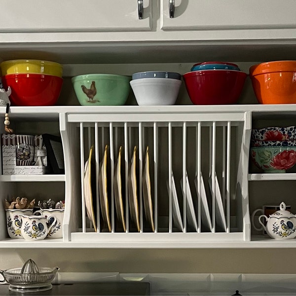 NEW Deluxe Split Shelf Cabinet Wall Counter Wood Plate Dish Rack Mugs ...
