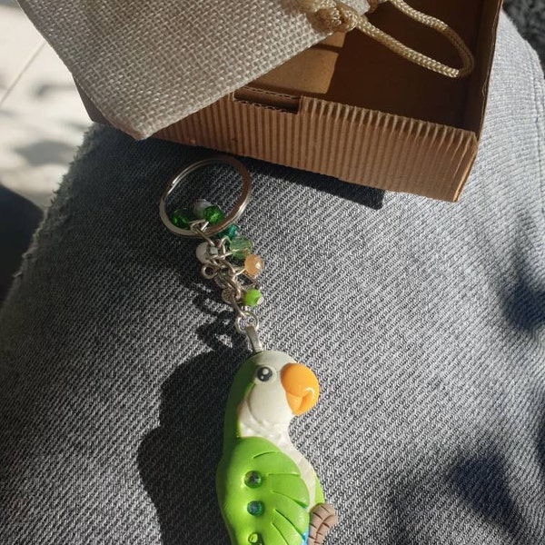 Quaker Parrot Keychain , Handmade, Parrot Figurine Made of Polymer Clay ...