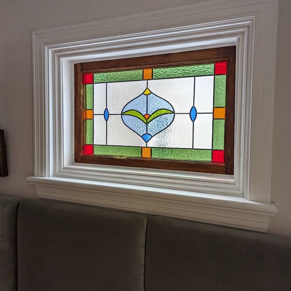 Leaded Stained Glass Panel Transom in Rustic Window Frame With Diaper ...