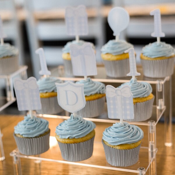 Watercolor Blue ONE, Balloon & Crest Monogram Cupcake Toppers ...