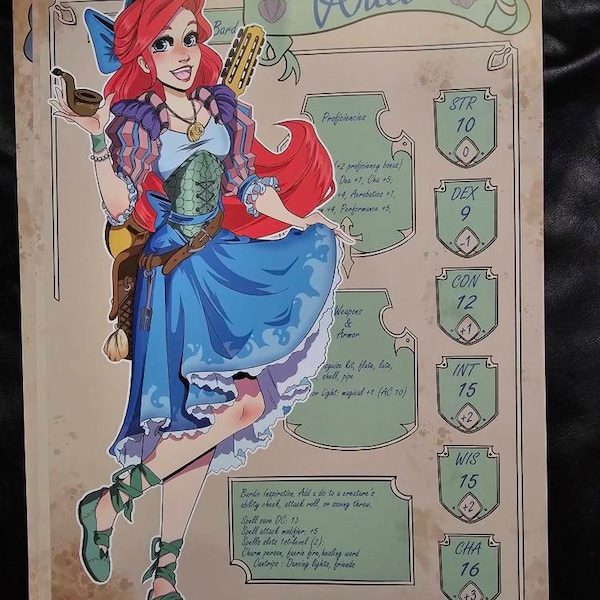 Disney Ariel Bard Poster Illustration, D&D Character Sheet, Print ...
