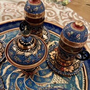 Turkish Blue Tea Serving Set With Decorative Tray for 6, Copper Tea Set ...