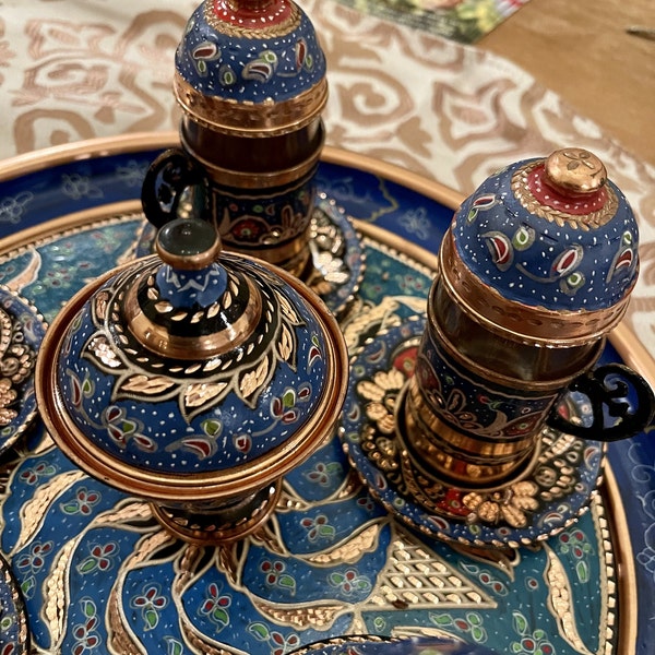 Unique Turkish Tea Set, for 6 Person, Hand Painted and Varnished Copper ...