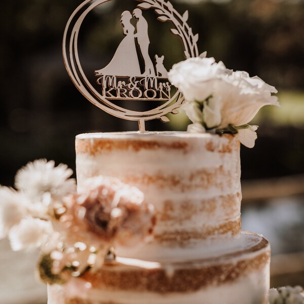 Boho Floral Wedding Cake Topper With Dog, Wreath Wood Cake Topper With ...