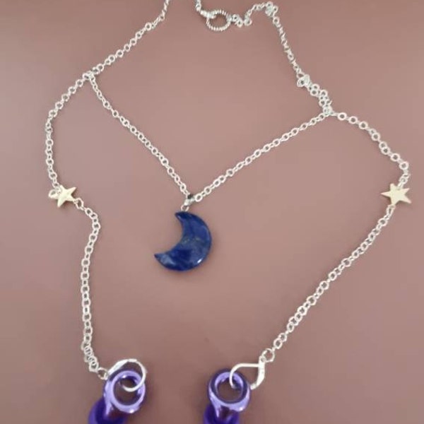 Moon and Stars Chain Linked Double Hoop Earrings, Silver Star Chain ...