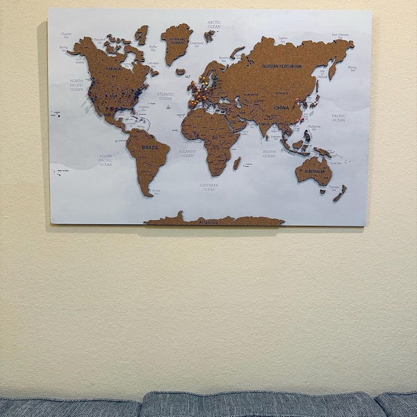 World Map Push Pin Travel Map With Pins, Wooden World Map Wall Art ...