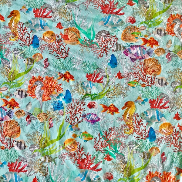Aqua Sea World Coral Reef Fabric Curtain Upholstery Cotton Material ...