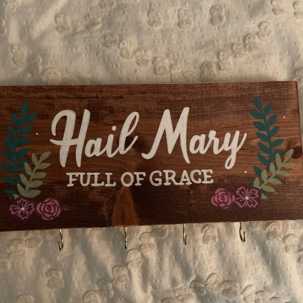 Hail Mary Wood Sign Rosary Hanger, Hand-painted, Home Decor, Prayer ...