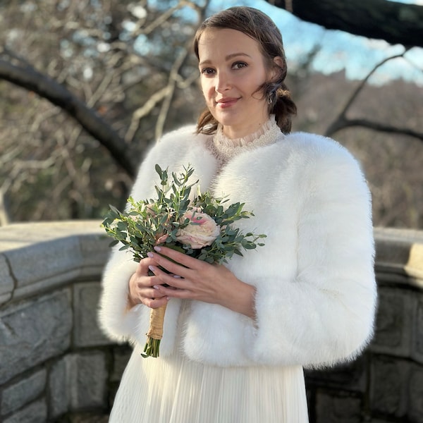 Ivory Faux Fur Coat, Ivory Fur Jacket, Bridal Fur Coat, Faux Fur Bolero ...