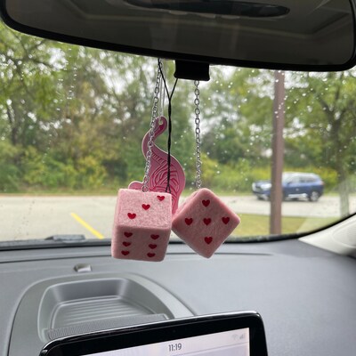 Baby Pink Fuzzy Dice With Red Hearts and Chain or Cord / Car ...