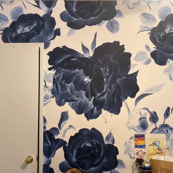 Dark Rose Bouquet Removable Wallpaper, Black Floral Temporary Wallpaper ...